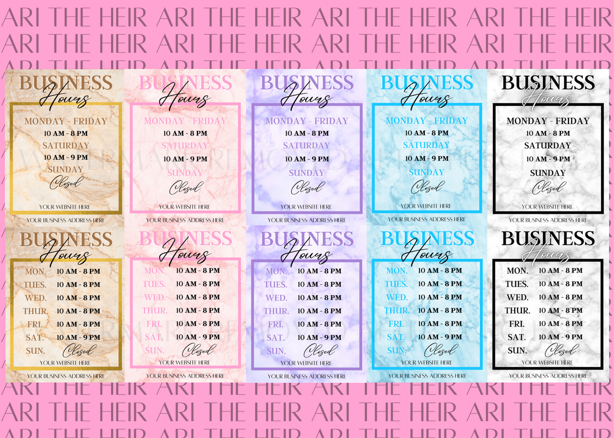 Business Hours Editable Canva Template | Ari the Heir